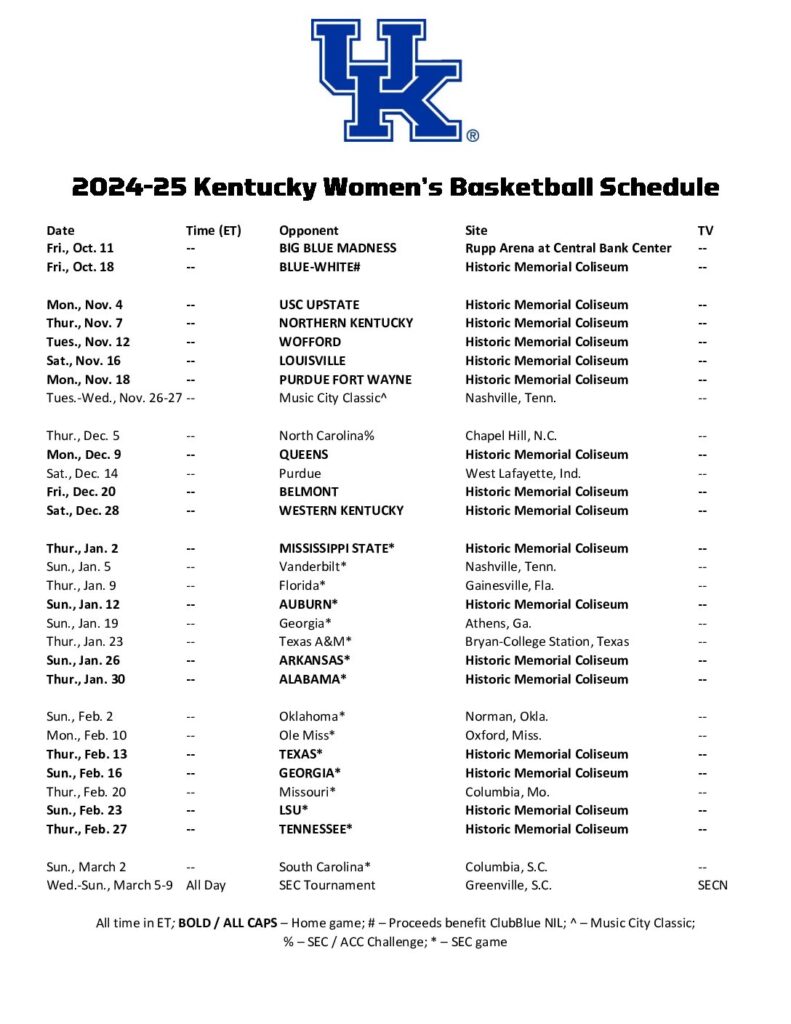 Kentucky Women’s Basketball 2024-25 Schedule » Greenville Sports Media